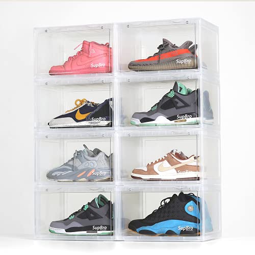 SupBro Collection Crate - Easy Access Storage Shoes Box -Plastic Foldable Stackable Sneaker Display Storage with Clear Side Open Door Organizer-8 Pack(Transparent)