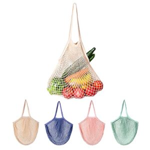 s srysita 5 pack my eco bag portable large reusable grocery bags fruit and vegetable bag washable cotton mesh bag organic organizer shopping handbag long handle net tote (blue,green,beige,pink)