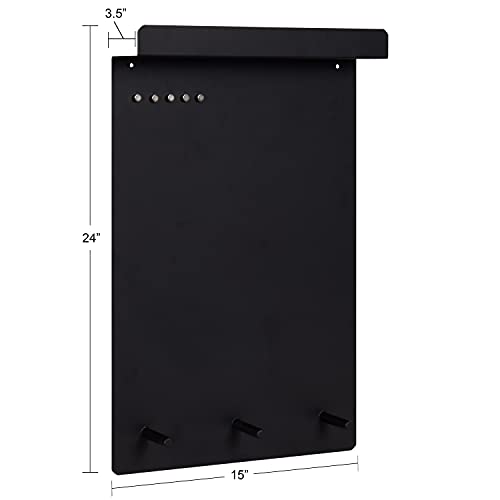 Kate and Laurel Mezzo Modern Wall Organizer Board, 15 x 24, Black, Decorative Magnetic Metal Board with Hooks