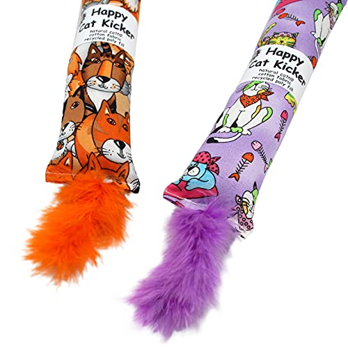 Jumpaws 2 Pack Natural Interactive Catnip Cat Kicker with Feathers, Bite Resistant Chew Toy, Crinkle Kicker, Accessories for Indoor Cat