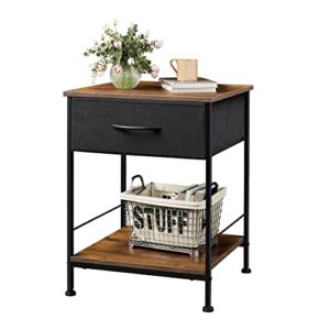 wlive nightstand, end table with fabric storage drawer and open wood shelf, bedside furniture with steel frame, side table for bedroom, dorm, easy assembly, black and rustic brown