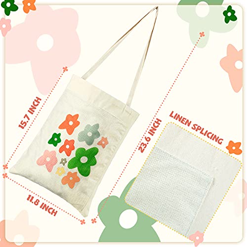 Frienda Aesthetic Canvas Tote Bag Floral Shopping Bag Flower Reusable Grocery Bag for Women Camping Travel Birthday Party FavorsCute Style