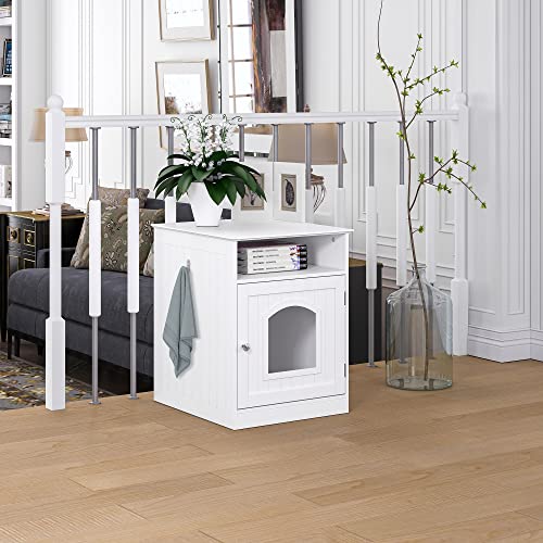 Spirich Home Cat Litter Box Enclosure, Hidden Litter Box Furniture Cabinet, Indoor Cat House Side Table, Large Pet Crate Nightstand, Kitty Litter Box Loo Washroom (White)