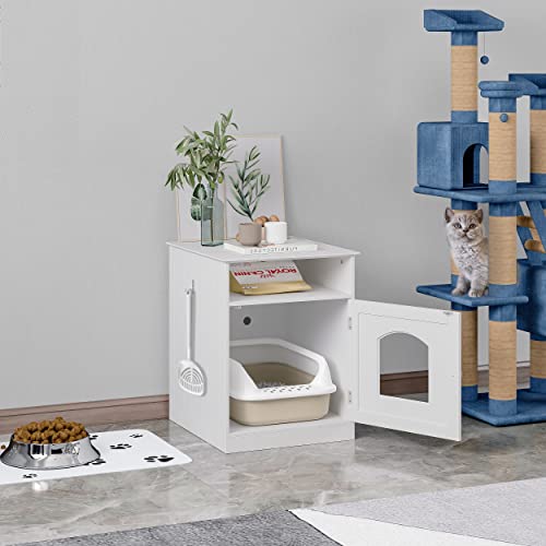 Spirich Home Cat Litter Box Enclosure, Hidden Litter Box Furniture Cabinet, Indoor Cat House Side Table, Large Pet Crate Nightstand, Kitty Litter Box Loo Washroom (White)