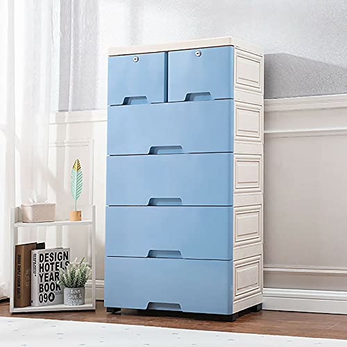 Plastic Storage Drawers, 5 Layers 6 Drawer Dresser Clothes Storage Plastic Closet Cabinet Organizer Container with 4 Wheel Tower Home Office Bedroom Furniture (Blue)