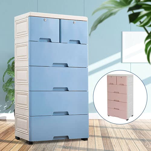 Plastic Storage Drawers, 5 Layers 6 Drawer Dresser Clothes Storage Plastic Closet Cabinet Organizer Container with 4 Wheel Tower Home Office Bedroom Furniture (Blue)