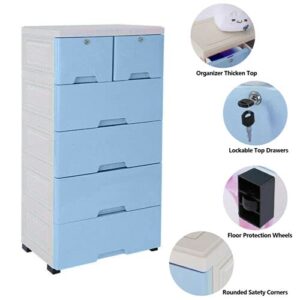 Plastic Storage Drawers, 5 Layers 6 Drawer Dresser Clothes Storage Plastic Closet Cabinet Organizer Container with 4 Wheel Tower Home Office Bedroom Furniture (Blue)