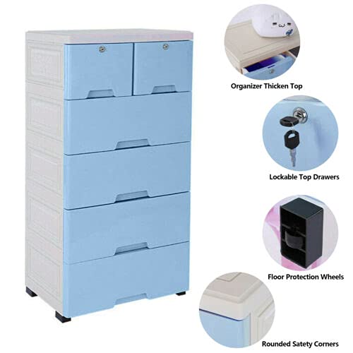 Plastic Storage Drawers, 5 Layers 6 Drawer Dresser Clothes Storage Plastic Closet Cabinet Organizer Container with 4 Wheel Tower Home Office Bedroom Furniture (Blue)