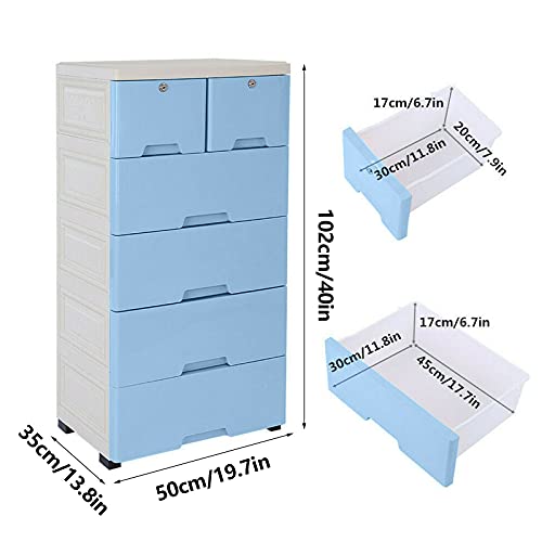 Plastic Storage Drawers, 5 Layers 6 Drawer Dresser Clothes Storage Plastic Closet Cabinet Organizer Container with 4 Wheel Tower Home Office Bedroom Furniture (Blue)