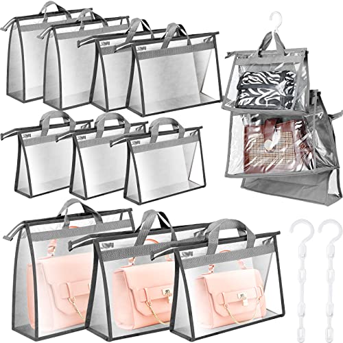 Shappy 10 Pieces Handbag Storage with 2 Pieces Hangers Clear Purse Organizer Dust Cover Organizer Bags for Closet Handbag Wallet Closet Storage Bag with Zipper and Handle (Grey)