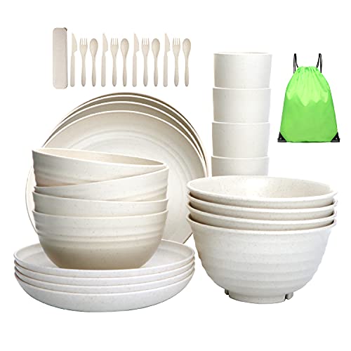 Wheat Straw Dinnerware Sets - Unbreakable Dinnerware Sets,Travel Camping Cutlery Set,Dishwasher Microwave Safe Dinnerware,Plates, Bowls, Cups, Cutlery | Dish Set for 4