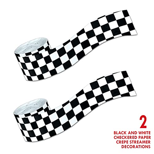 Race Party Black and White Checkered Paper Crepe Streamer Decoration, 30 Feet Long (2 Pack)