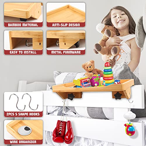 HTTYYX Bamboo Bedside Shelf for Bed – with 2pc S Hooks & Cable Management - Floating Nightstand for Student – Bunk Bed Shelf for Top Bunk – Kids Nightstand for Bedroom (Bamboo, Original Wood Color)