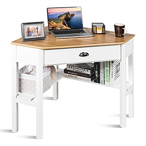 KOTEK Corner Desk with Drawer and Shelves, Wooden Home Office Desk Triangle Computer Desk, Writing Study Desk Computer Workstation, Makeup Vanity Table (Natural & White)