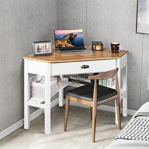 KOTEK Corner Desk with Drawer and Shelves, Wooden Home Office Desk Triangle Computer Desk, Writing Study Desk Computer Workstation, Makeup Vanity Table (Natural & White)