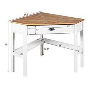 KOTEK Corner Desk with Drawer and Shelves, Wooden Home Office Desk Triangle Computer Desk, Writing Study Desk Computer Workstation, Makeup Vanity Table (Natural & White)