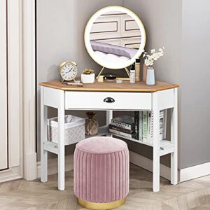 KOTEK Corner Desk with Drawer and Shelves, Wooden Home Office Desk Triangle Computer Desk, Writing Study Desk Computer Workstation, Makeup Vanity Table (Natural & White)