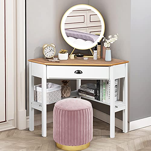 KOTEK Corner Desk with Drawer and Shelves, Wooden Home Office Desk Triangle Computer Desk, Writing Study Desk Computer Workstation, Makeup Vanity Table (Natural & White)