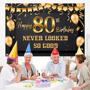 HAMIGAR 6x4ft 80 Never Looked So Good Banner Backdrop - Funny Happy 80th Birthday Decorations Party Supplies for Men Women - Black Gold