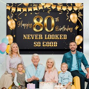 HAMIGAR 6x4ft 80 Never Looked So Good Banner Backdrop - Funny Happy 80th Birthday Decorations Party Supplies for Men Women - Black Gold