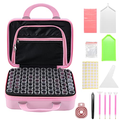 VTYHYJ 140 Grids Diamond Painting Storage Container with Diamond Art Accessories Tools Kit Hard-Shell Case Carrying Bag Organizer for 5D DIY Diamond Embroidery Nail Painting (Pink)