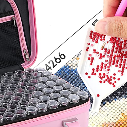 VTYHYJ 140 Grids Diamond Painting Storage Container with Diamond Art Accessories Tools Kit Hard-Shell Case Carrying Bag Organizer for 5D DIY Diamond Embroidery Nail Painting (Pink)