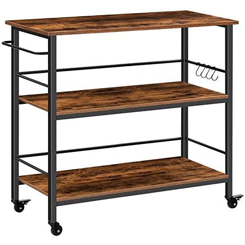 HOOBRO Kitchen Island with Storage,Industrial Kitchen Counter with Hooks and Side Enclosures, 3 Tier Kitchen Cart with Large Workstation, Saving Space, Easy Assembly, Rustic Brown and Black BF03ZD01