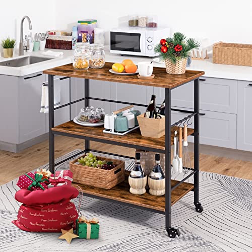 HOOBRO Kitchen Island with Storage,Industrial Kitchen Counter with Hooks and Side Enclosures, 3 Tier Kitchen Cart with Large Workstation, Saving Space, Easy Assembly, Rustic Brown and Black BF03ZD01