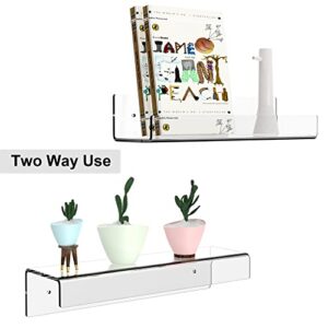 15 inch Clear Acrylic Floating Wall Ledge Shelf Display,6pcs Wall Mounted Nursery Kids Bookshelf Invisible Spice Rack, Bathroom Storage Shelves Display for Bedroom Office Toy Picture Ledge, 5MM Thick