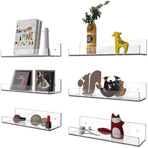 15 inch Clear Acrylic Floating Wall Ledge Shelf Display,6pcs Wall Mounted Nursery Kids Bookshelf Invisible Spice Rack, Bathroom Storage Shelves Display for Bedroom Office Toy Picture Ledge, 5MM Thick