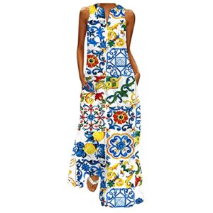 wytong women dresses sleeveless print v-neck maxi dress summer party cami dress long dresses with pockets(blue,small)