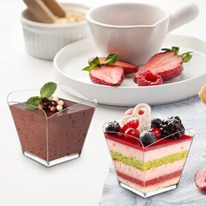 ZENFUN 100 Pack Dessert Cups with Spoons, 3.5 Oz Square Mini Dessert Pudding Cups, Clear Plastic Parfait Appetizer Cups for Mousse Cake, Parties, Wedding, Tasting