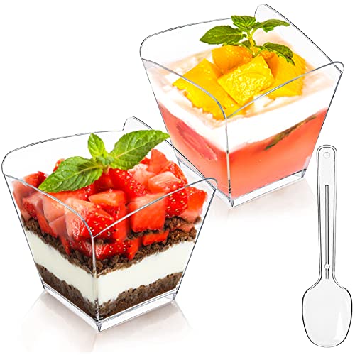 ZENFUN 100 Pack Dessert Cups with Spoons, 3.5 Oz Square Mini Dessert Pudding Cups, Clear Plastic Parfait Appetizer Cups for Mousse Cake, Parties, Wedding, Tasting