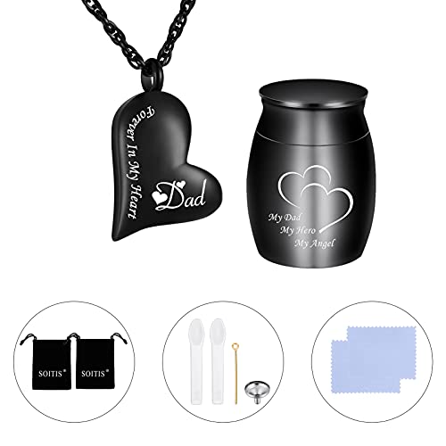 SOITIS Dad Heart Urn Necklace with Papa Mini Urn, Stainless Steel Cremation Necklace & Dad Small Urn Set, Necklace for Ashes Papa Small Keepsake Urn for Men