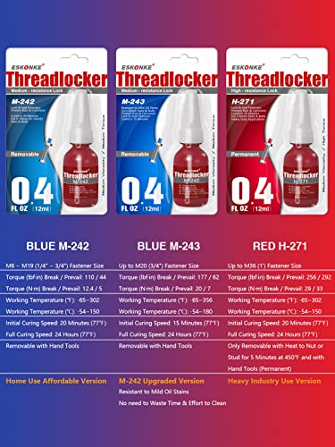 Blue Threadlocker M-242 Medium Strength Removable 0.4 Fl oz/12 ml Nut & Bolt Locker Lock Tight & Seal Fasteners Anaerobic Curing Metal Glue