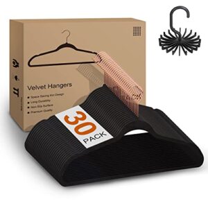 ollnoos velvet clothes hangers space-saving: rose gold swivel hooks black felt hanger 30-pack | slim hangers non-slip ultra-thin & durable closet organizer for coat shirt skirt pants shorts