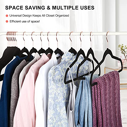 Ollnoos Velvet Clothes Hangers Space-Saving: Rose Gold Swivel Hooks Black Felt Hanger 30-Pack | Slim Hangers Non-Slip Ultra-Thin & Durable Closet Organizer for Coat Shirt Skirt Pants Shorts