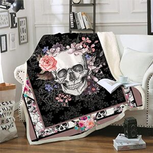 sugar skull blanket ultra soft sherpa gothic blankets all seasons warm cozy flower rose skull blankets for women gift plush throw for couch sofa bedding (51'' x 59'')