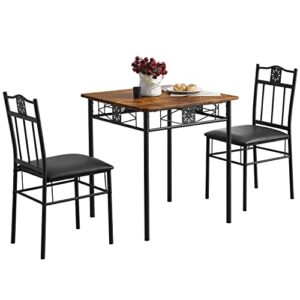 vecelo 3-piece kitchen dining room table set for small spaces, pu padded chairs, retro brown