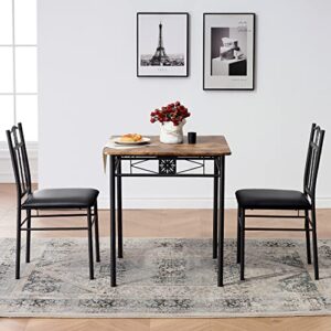 VECELO 3-Piece Kitchen Dining Room Table Set for Small Spaces, PU Padded Chairs, Retro Brown