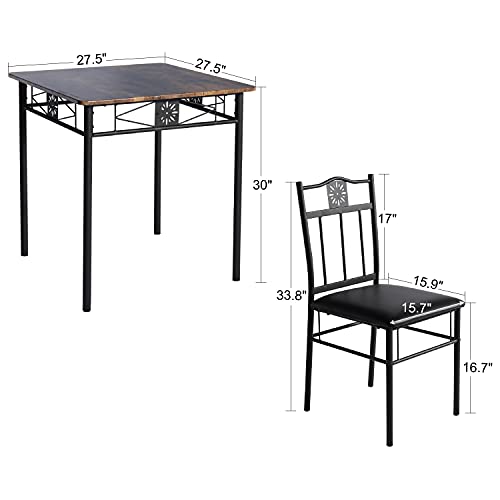 VECELO 3-Piece Kitchen Dining Room Table Set for Small Spaces, PU Padded Chairs, Retro Brown