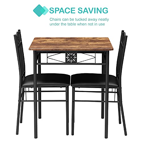 VECELO 3-Piece Kitchen Dining Room Table Set for Small Spaces, PU Padded Chairs, Retro Brown