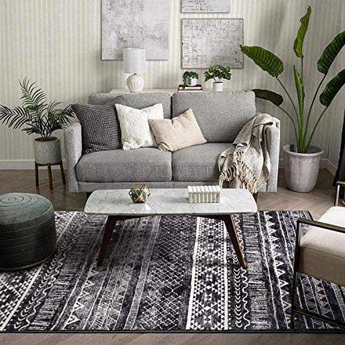 Calore Modern Faux Wool Area Rug Large Non-Slip Washable Living Room Rug Boho Neutral Indoor Carpet for Bedroom Dining Room (Black and White, 6.7'x8.2')