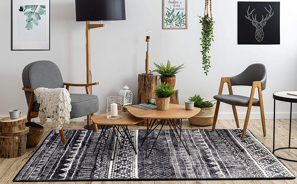 Calore Modern Faux Wool Area Rug Large Non-Slip Washable Living Room Rug Boho Neutral Indoor Carpet for Bedroom Dining Room (Black and White, 6.7'x8.2')