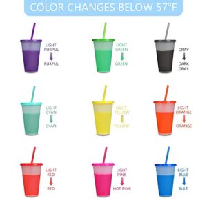 Color Changing Cups with Lids & Straws - 16 oz Cute Reusable Plastic Tumblers Bulk | 9 Pack Party Funny Tumbler Ice Cold Drinking Cup for Kids & Adults