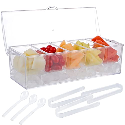 MOLIGOU Condiment Server on Ice, Chilled Caddy with 5 Removable Compartments, Chilled Serving Tray Container with Hinged Lid, 3 Serving Spoons and 3 Tongs Included