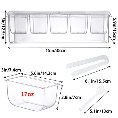 MOLIGOU Condiment Server on Ice, Chilled Caddy with 5 Removable Compartments, Chilled Serving Tray Container with Hinged Lid, 3 Serving Spoons and 3 Tongs Included