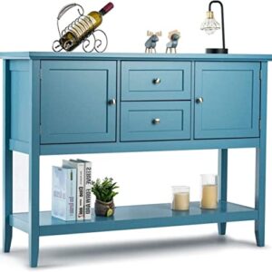 Hysache Buffet Sideboard, Wood Buffet Cabinet with 2 Drawers and 2 Storage Cabinets, Sideboard with Bottom Shelf, Ideal for Kitchen Living Room (Blue)