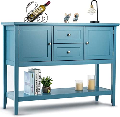 Hysache Buffet Sideboard, Wood Buffet Cabinet with 2 Drawers and 2 Storage Cabinets, Sideboard with Bottom Shelf, Ideal for Kitchen Living Room (Blue)