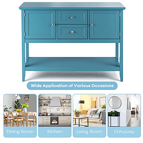 Hysache Buffet Sideboard, Wood Buffet Cabinet with 2 Drawers and 2 Storage Cabinets, Sideboard with Bottom Shelf, Ideal for Kitchen Living Room (Blue)